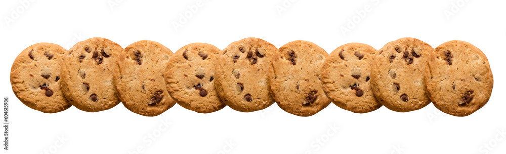 Row of round cookies isolated over a transparent background. Top view ...