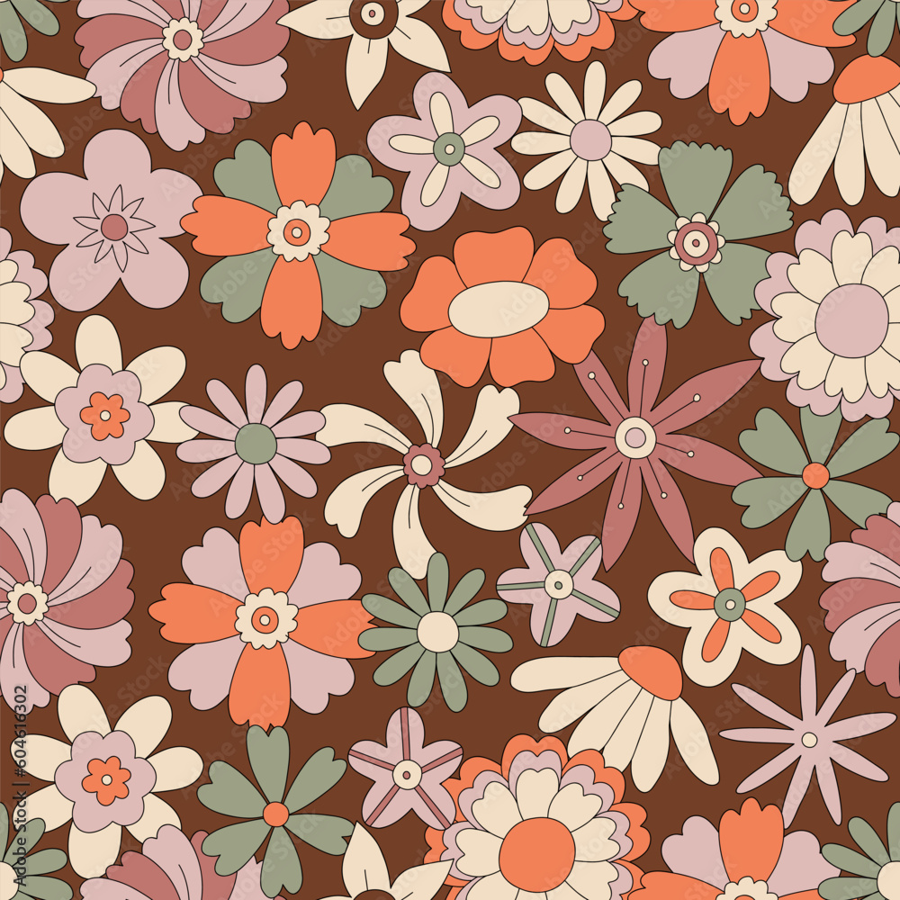70s 60s style retro pattern with colorful flowers. Floral retro vintage ...