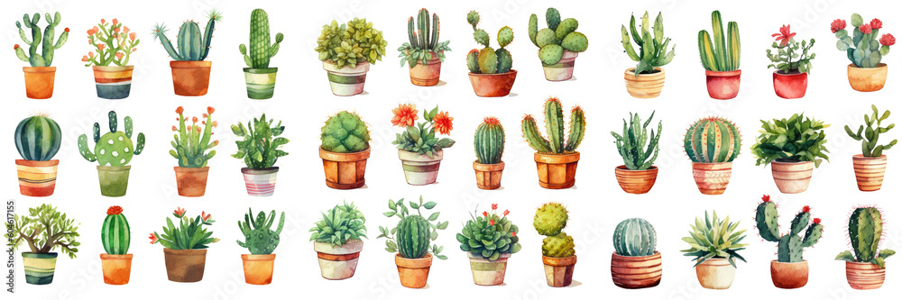 Watercolor set of cactus flowers clip art isolated on white transparent ...