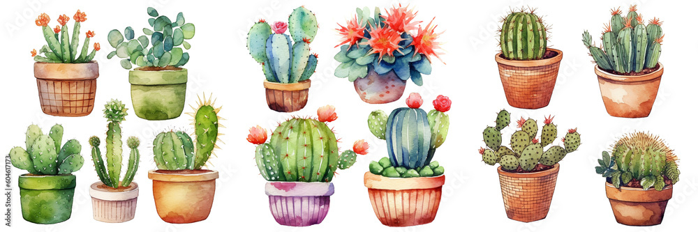 Watercolor set of cactus flowers clip art isolated on white transparent ...