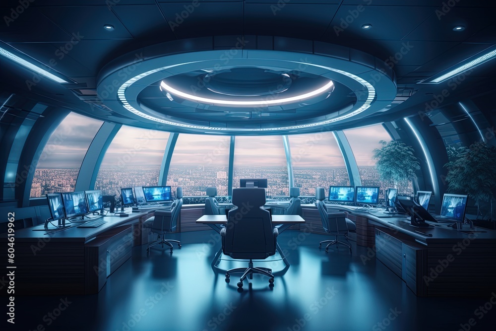 Wide angle of blue sci fi futuristic office space using generative AI ...