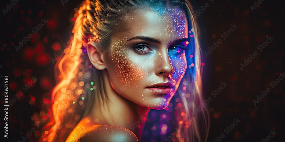 Glowing beautiful face with glittering make up on girl in hyper ...