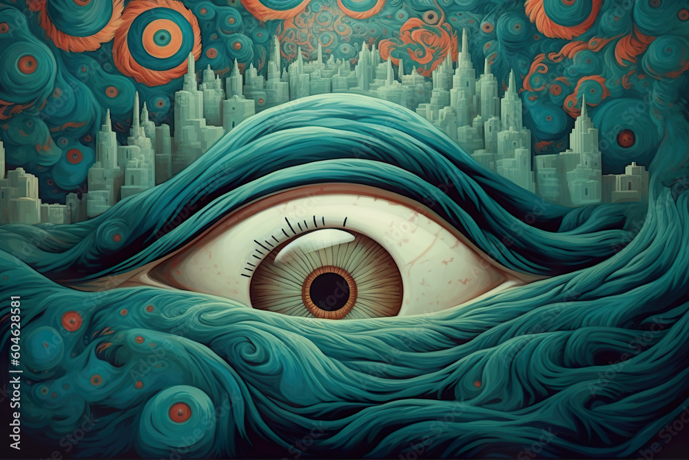 A painting of an eye with a city in the background. Generative AI ...