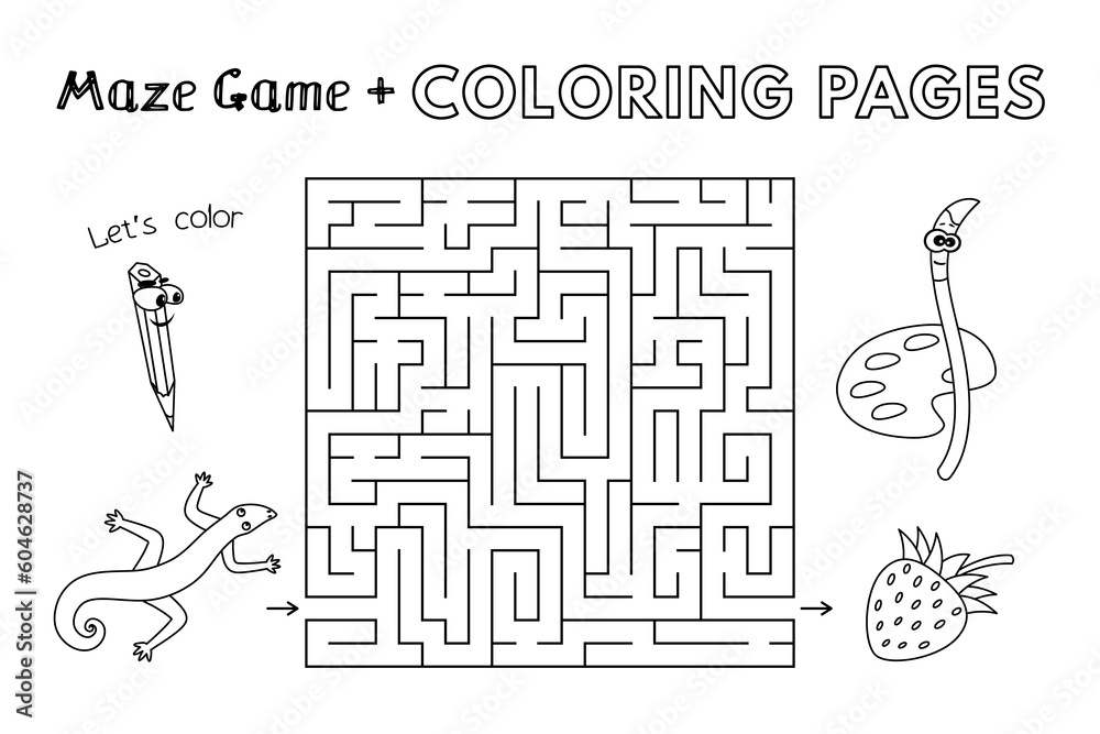 Cartoon lizard maze game. Vector coloring book pages for children Stock ...