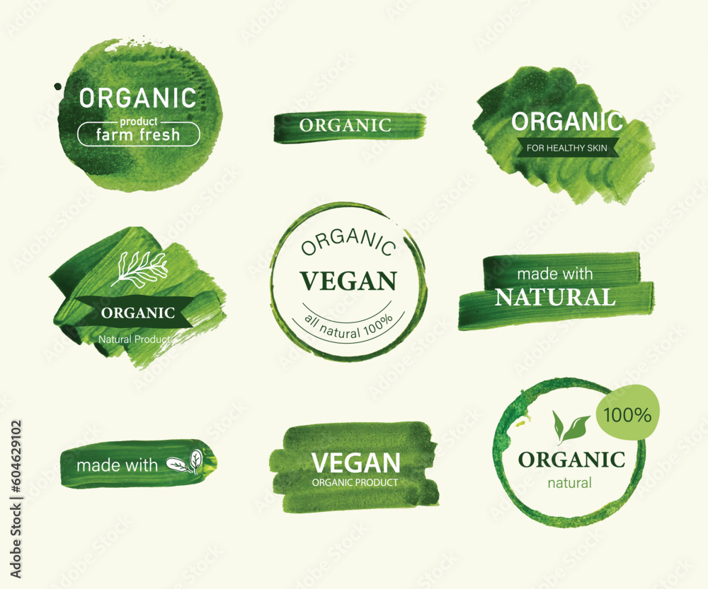 Organic label and natural label hand drawn watercolor painting brush ...