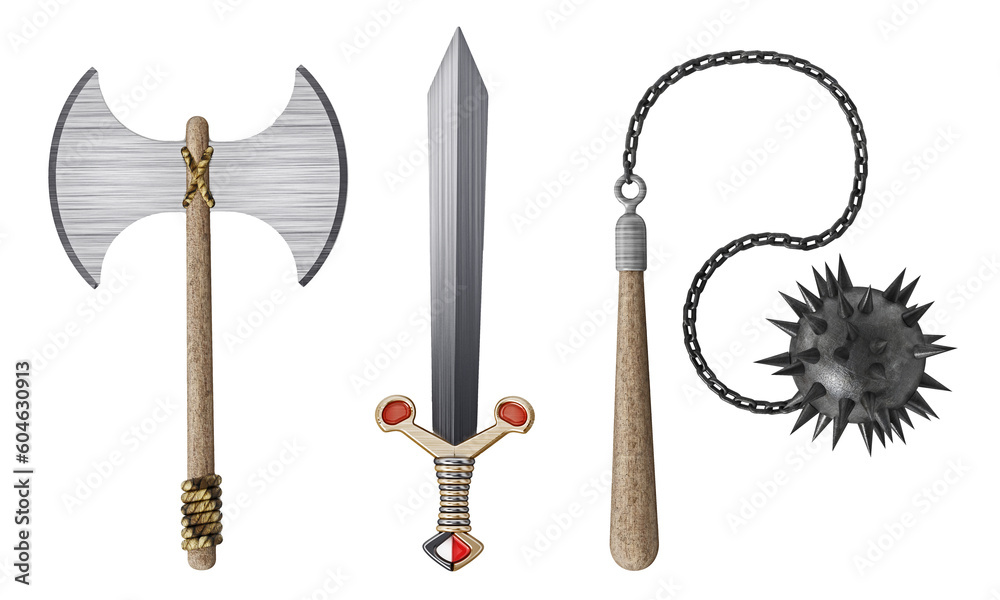 Old Medieval weapons on transparent background. 3D illustration Stock ...
