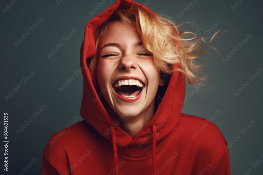 A AI-generated, non-existing beautiful laughing woman wearing a ...