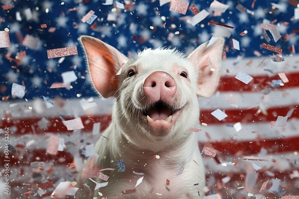 A charming pig celebrating with a flag of usa on independence day on ...