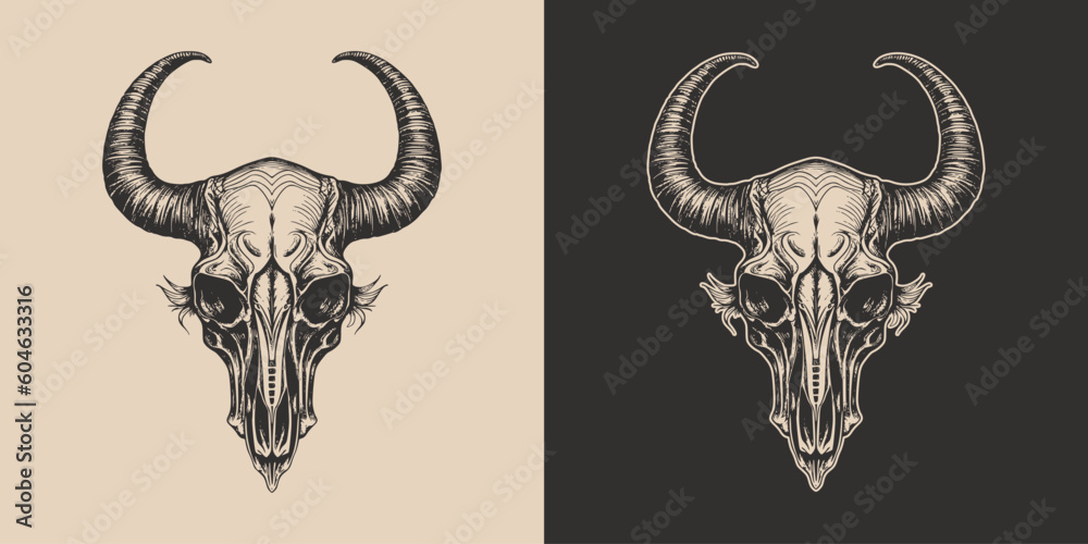 Set of vintage retro scary spooky cow bull skull head skeleton. Cowboy ...