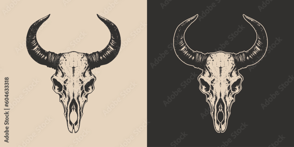Set of vintage retro scary spooky cow bull skull head skeleton. Cowboy ...