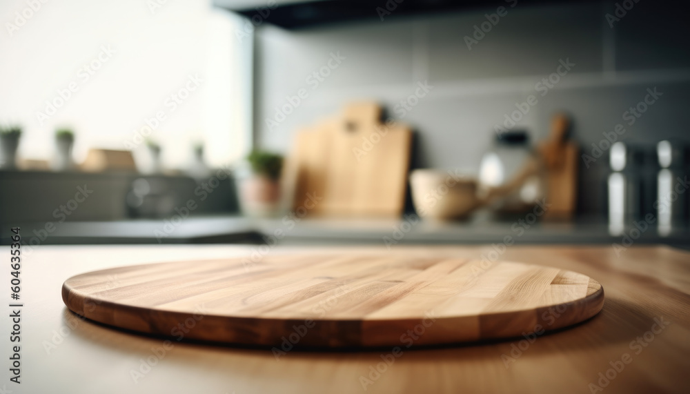 Empty beautiful wood tabletop counter and blur bokeh modern kitchen ...