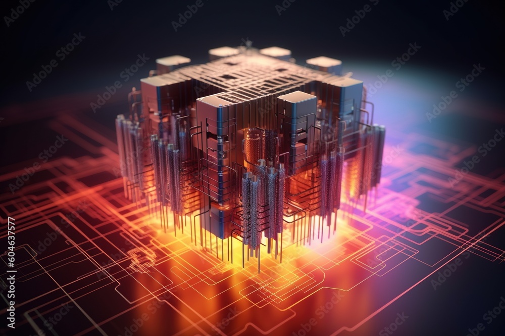 ภาพประกอบสต็อก Abstract futuristic quantum computer. Futuristic microchip processor with glowing ...