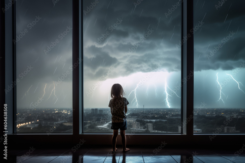 Child look at night sky with clouds and many lightning through the ...