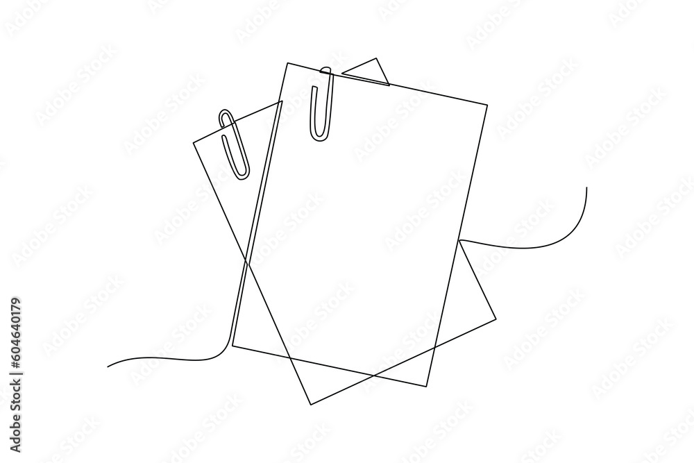 Continuous one-line drawing two documents with paper clips. Document ...