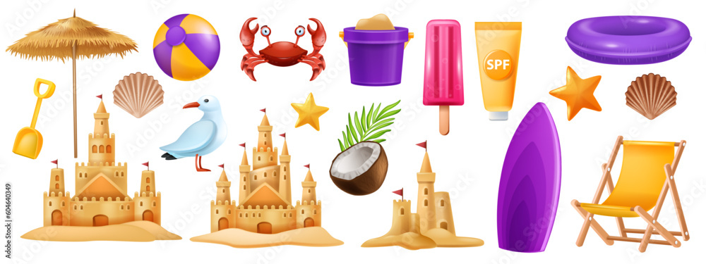 3D sand castle set, beach summer vacation vector clipart kit, kid ...