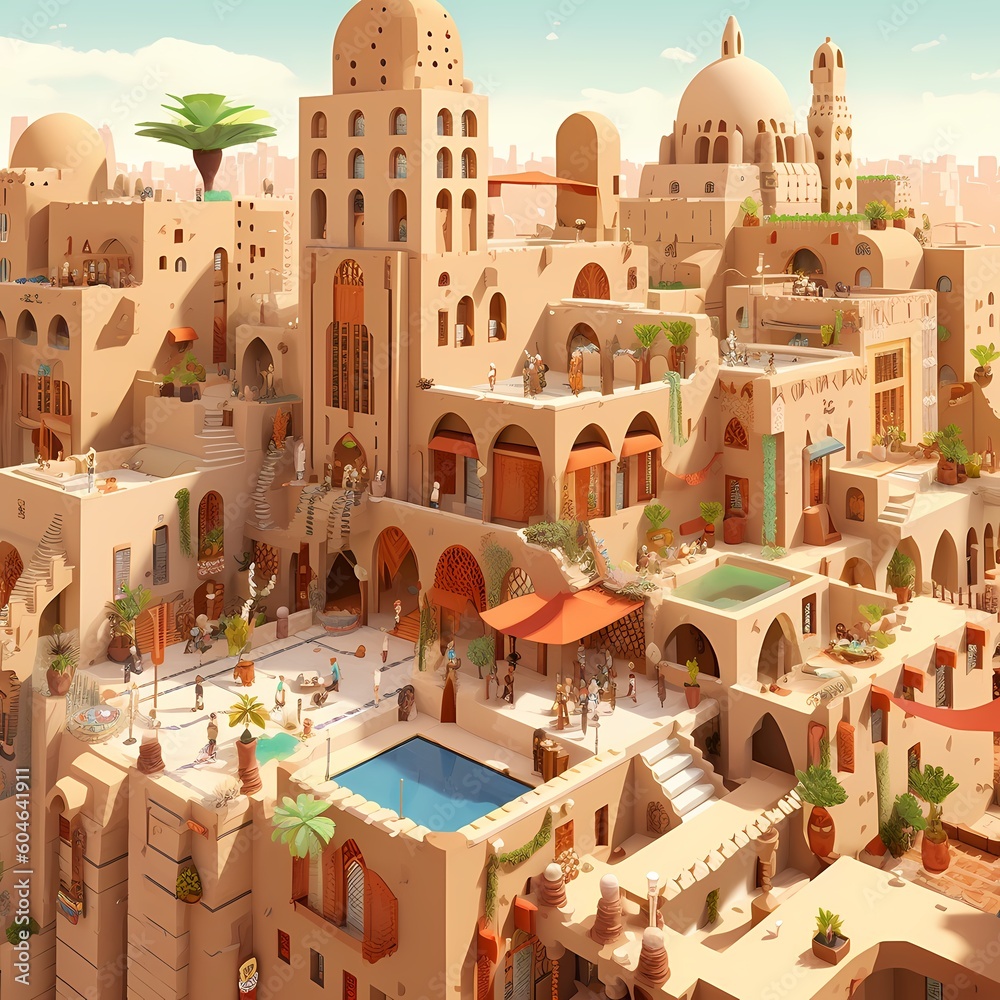 A modern desert city inspired by Arabian architecture, showcasing sand ...