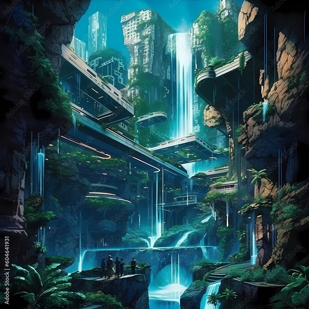 A futuristic underground city, with bioluminescent plants, transparent ...