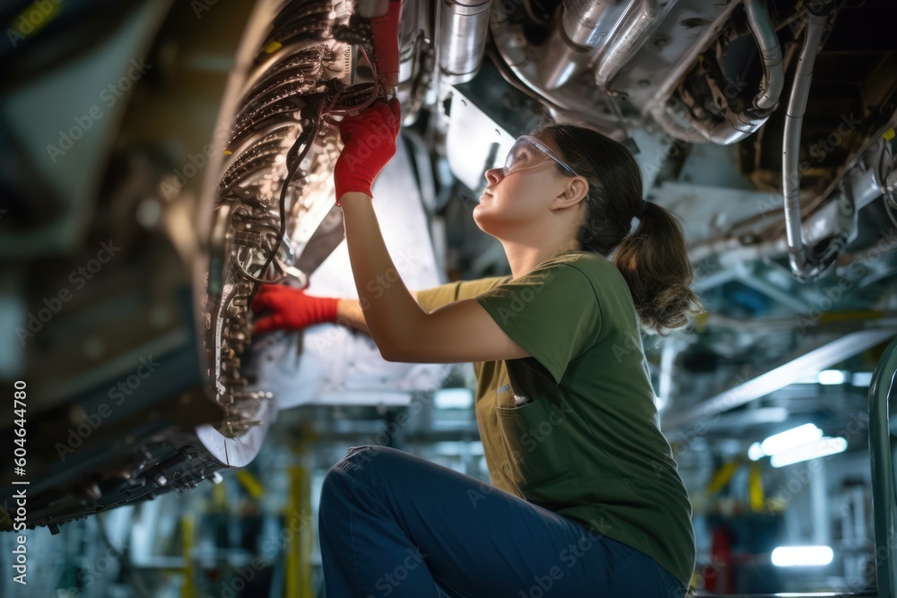 A proud and confident female aerospace engineer works on an aircraft ...