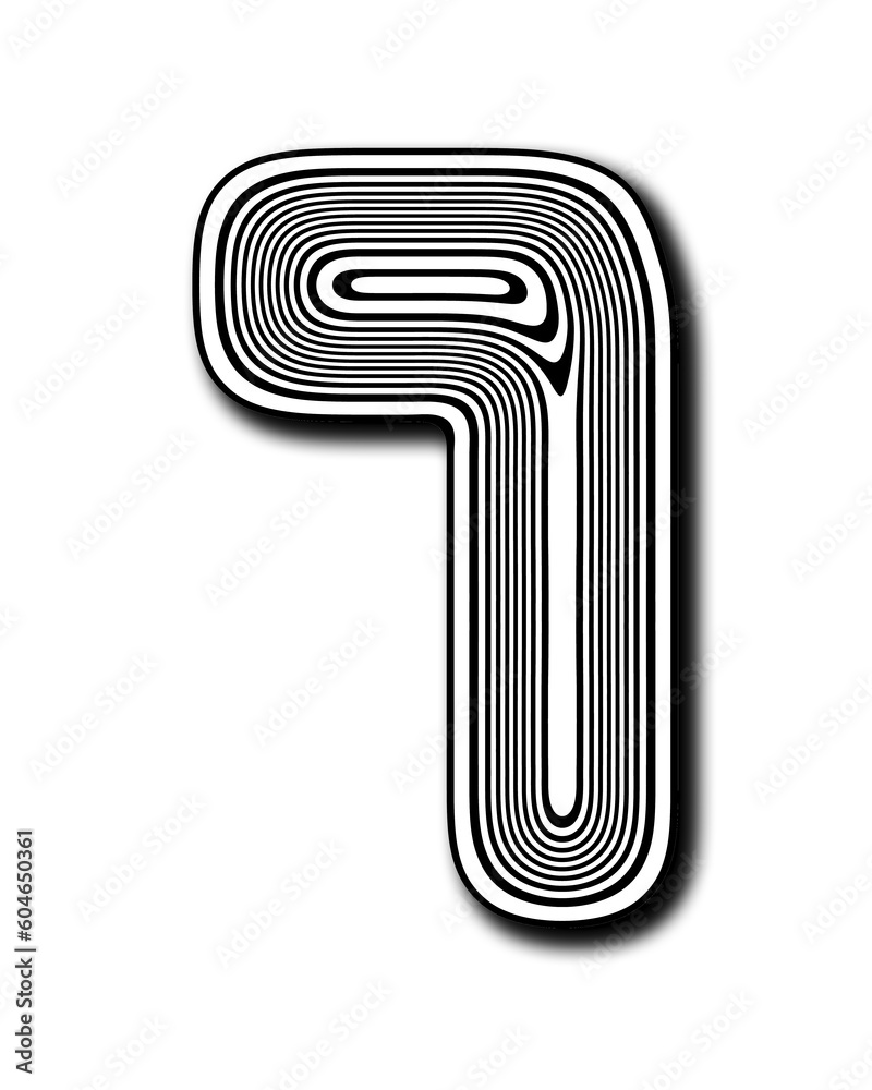 Digit seven with design Lines in black and shadow on white background ...