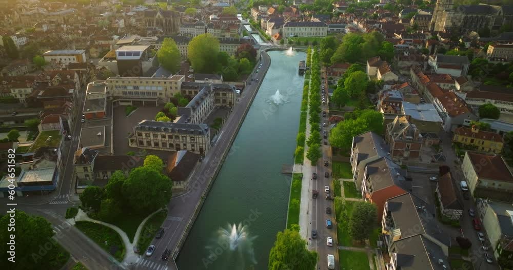 Drone view of the ancient and beautiful French medieval city of Troyes ...