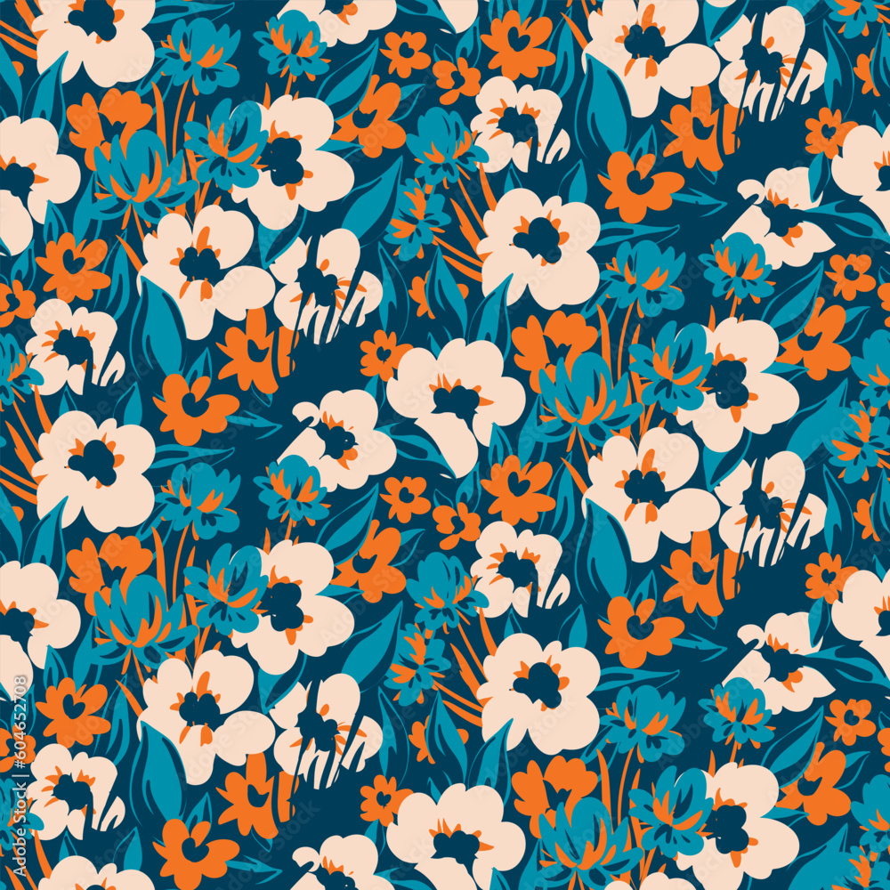 Seamless floral pattern, artistic ditsy print with hand drawn wild ...