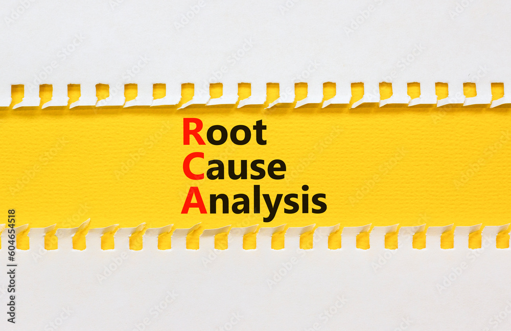RCA root cause analysis symbol. Concept words RCA root cause analysis on yellow paper. Beautiful ...