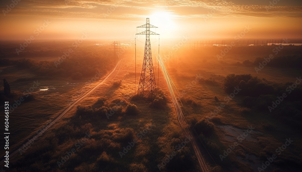 Sunset silhouette of electricity pylon in nature tranquil scene high up ...