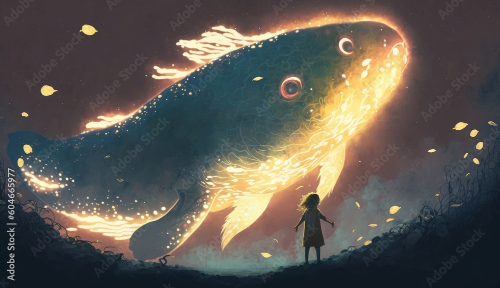 giant fish floating in the night sky above little girl, digital art ...