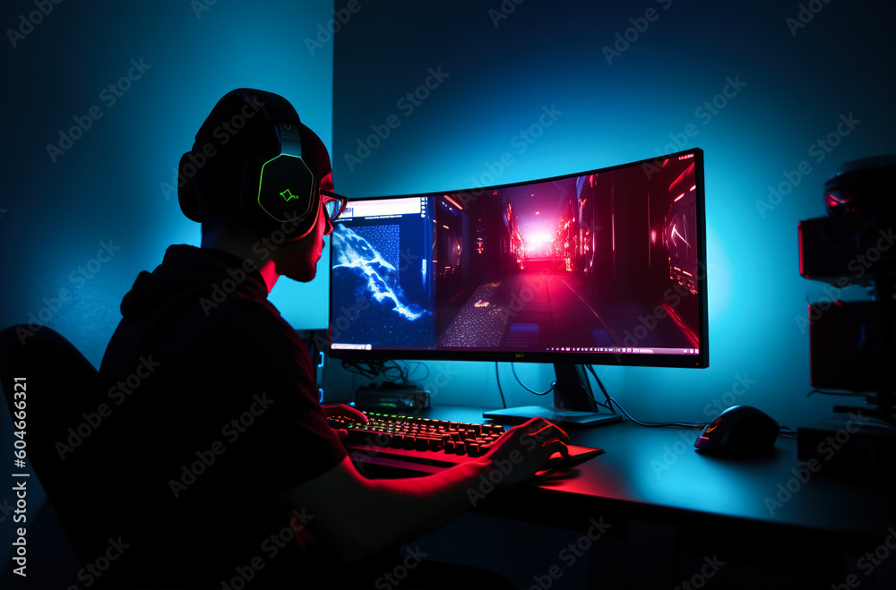 Gamer playing computer games at night in a room lit with different LED ...