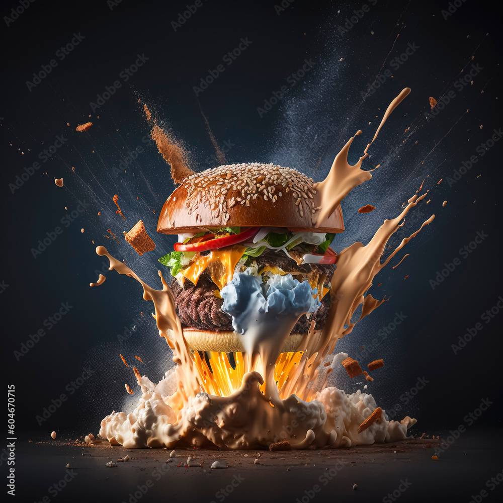 flying hamburger quartering with separate condiments, explosion of ...