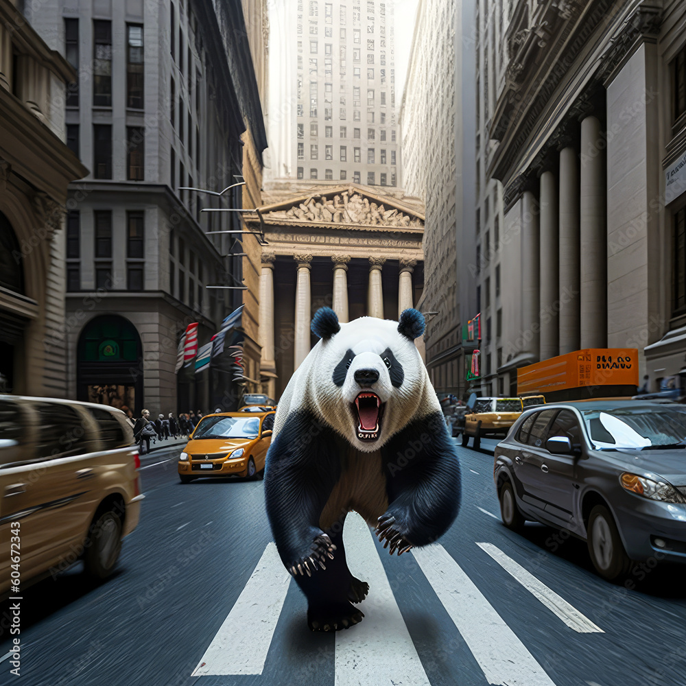 Captivating image of a realistic panda roaming freely on Wall Street ...