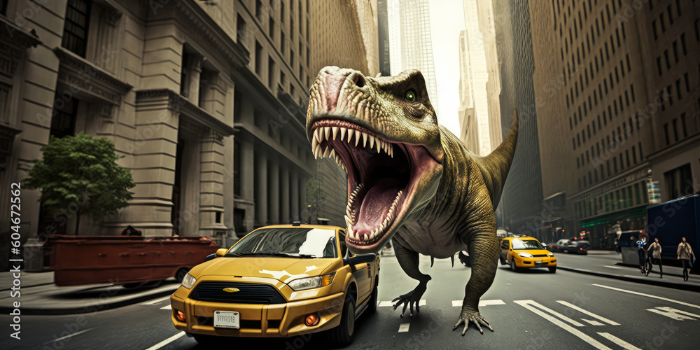 Captivating T-rex with open jaws, sprinting through Wall Street amidst ...