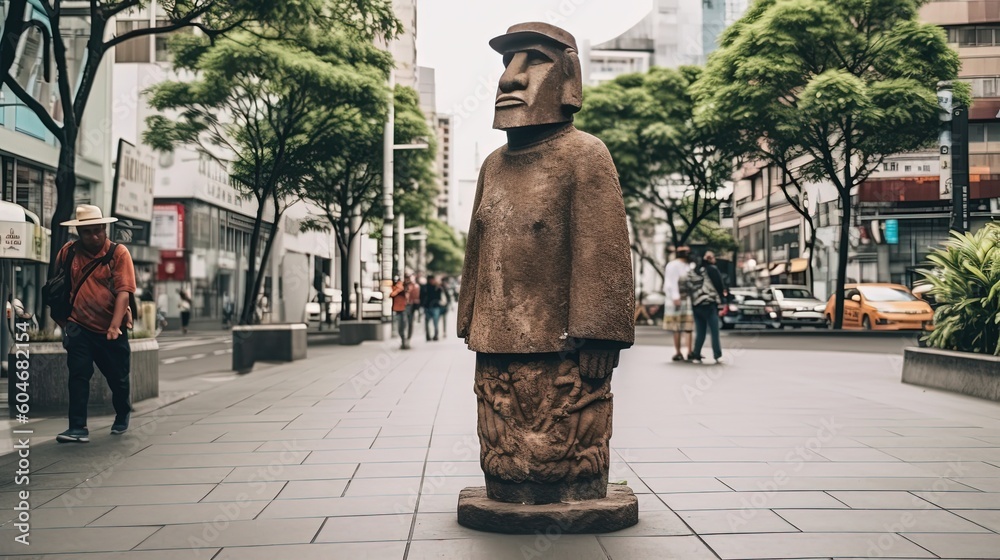 funny Moai statue walking alone at city street, Generative Ai Stock ...
