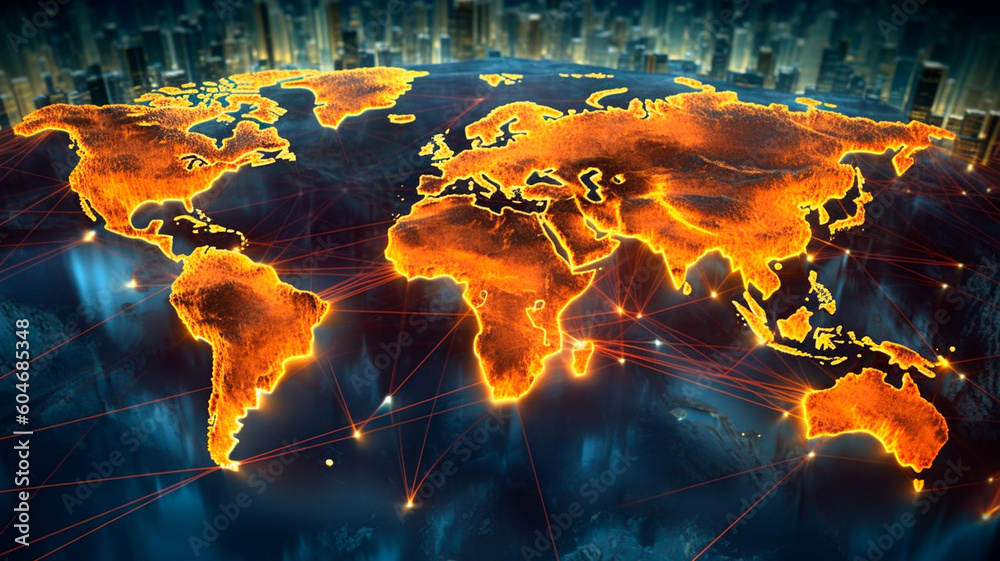 Supply Chain Network digital illustration of a world map with ...