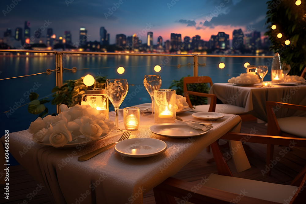 Amazing romantic dinner in a luxury hotel with candles under the sunset ...