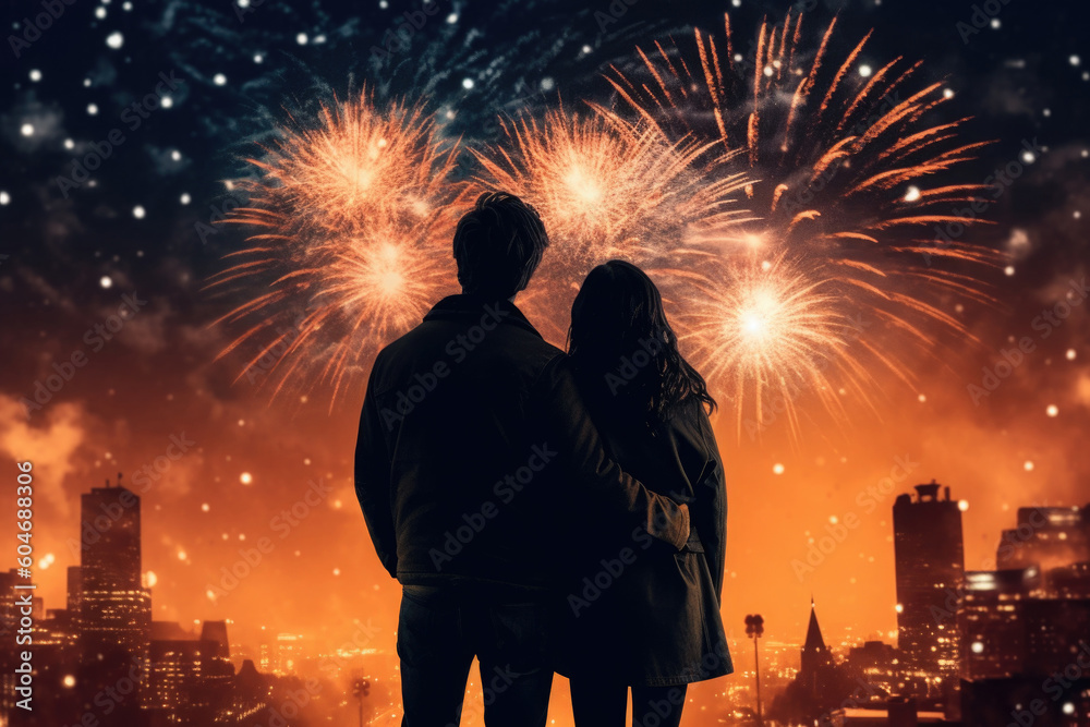 Silhouettes of people looking at colorful fireworks in the night sky ...