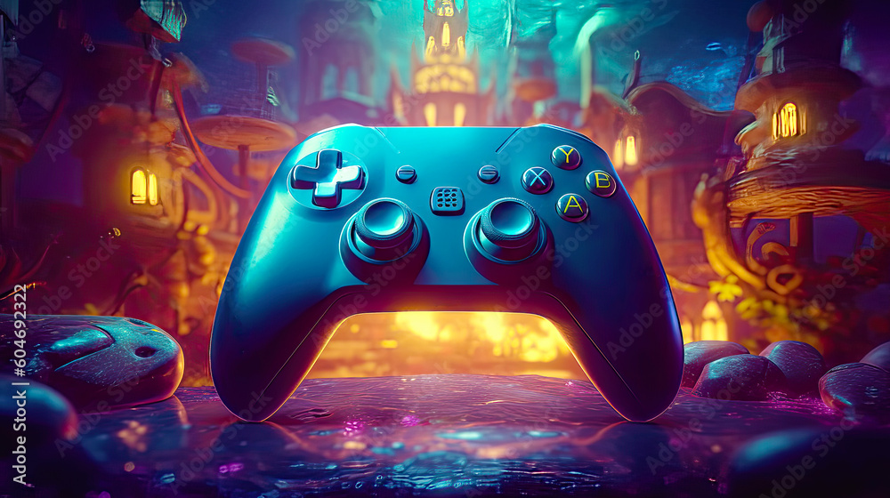 Generic gaming controller surrounded by fantasy game environment ...