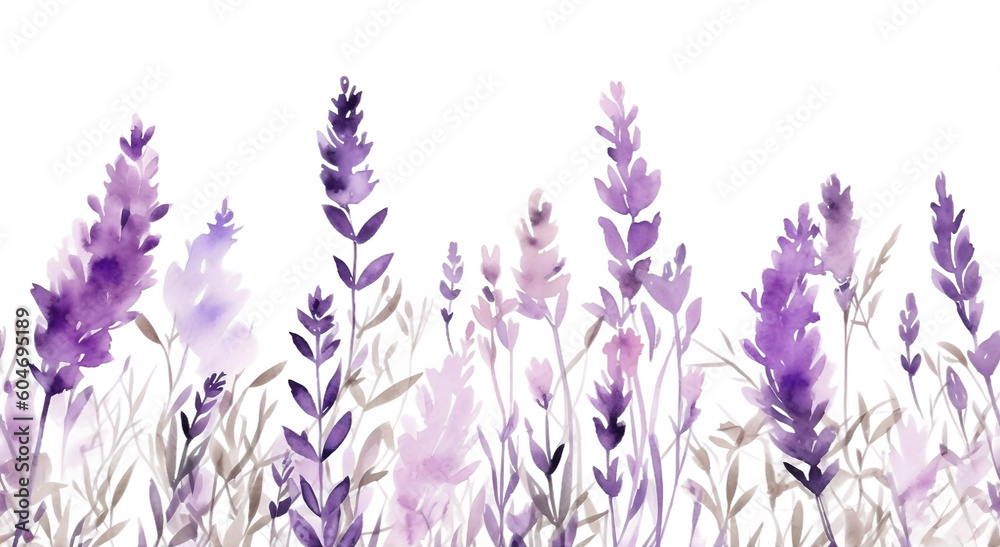 Border of tender watercolor lavender flowers border on transparent ...
