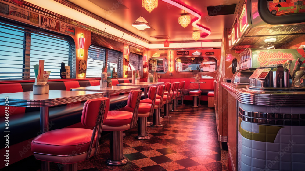 Photograph of a retro red diner interior, imbued with a soft, dreamy ...