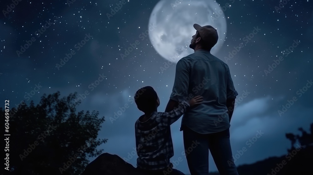Dads and son look at the night sky, stars and moon, father's day ...