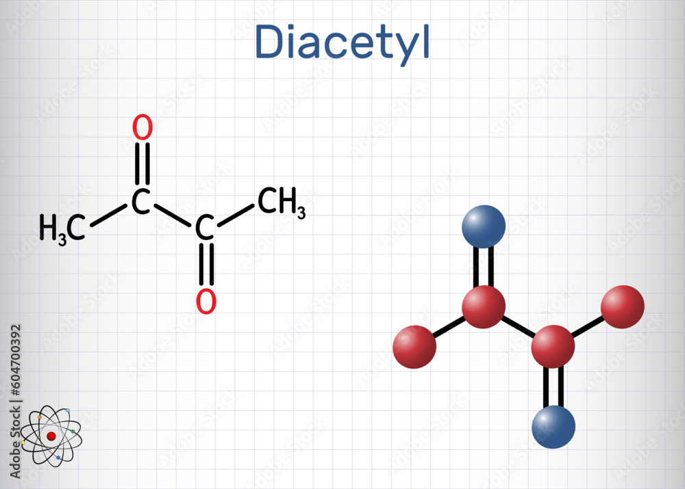 Diacetyl, butanedione molecule. It is occurs in alcoholic beverages and ...