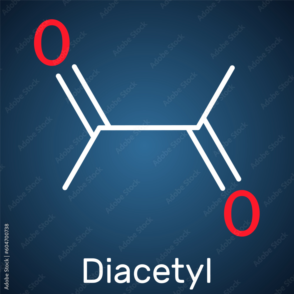 Diacetyl, butanedione molecule. It is occurs in alcoholic beverages and ...