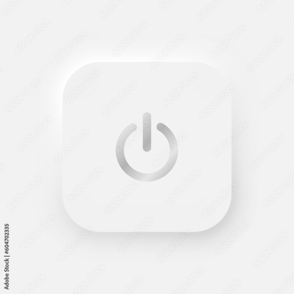 A square button with a silver power symbol on a white background. User interface elements in the ...