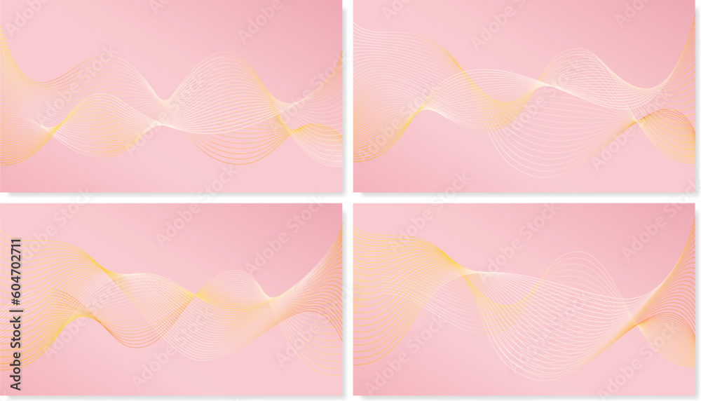 3d wavy gold lines swoosh on pink background. Luxury beauty thin curves, swirl as stream flow ...