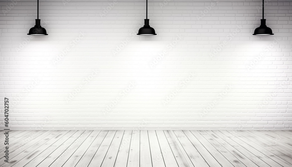 White Brick Studio Background with Three Black Lights and Wood Flooring ...
