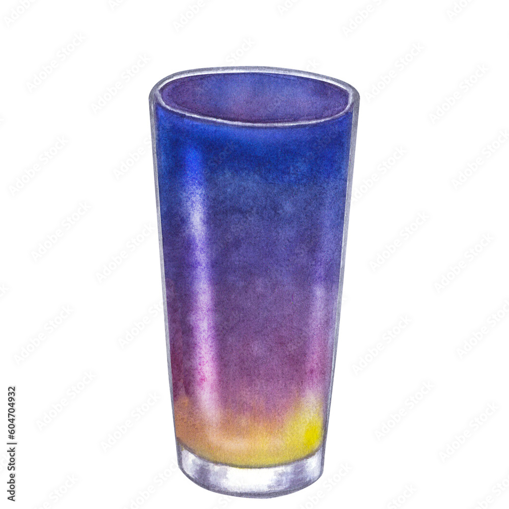 Purple blue glass beach tropical cocktail. Alcohol drink. Hand-drawn ...