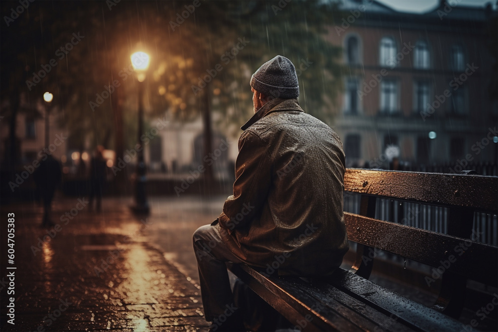 A lonely man sitting on a bench in the rain.Back view.Created with ...