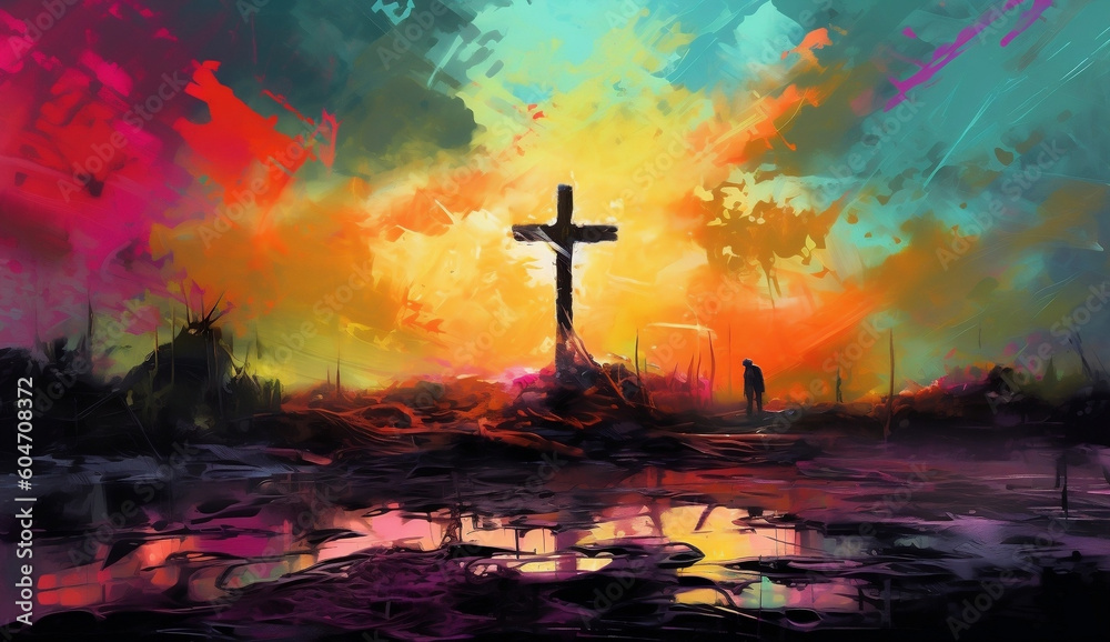 Christian cross in the style of an abstract landscape, expressive ...