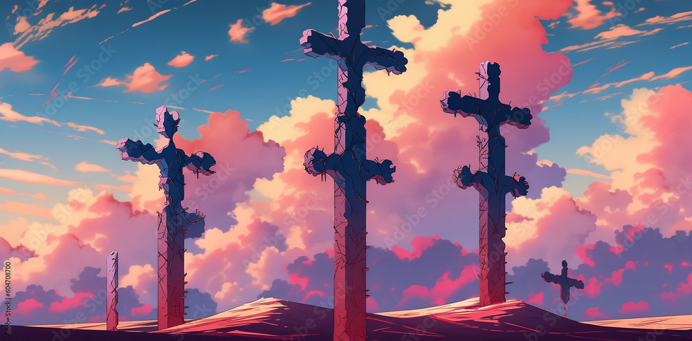 Christian illustration of crosses in the desert in anime style. Many ...