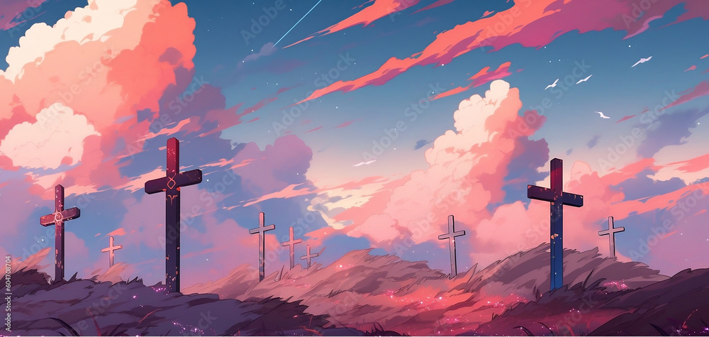 Christian illustration of crosses in the desert in anime style. Many ...